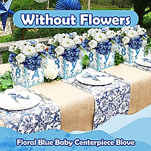Easy Joy Baby Shower Centerpieces for Boys Floral Blue Baby Centerpiece Blove Flower Boxes Party Arrangement Favor Block Holder Gender Reveal Table Display Boy Decoration Without Flowers (4 Pcs)