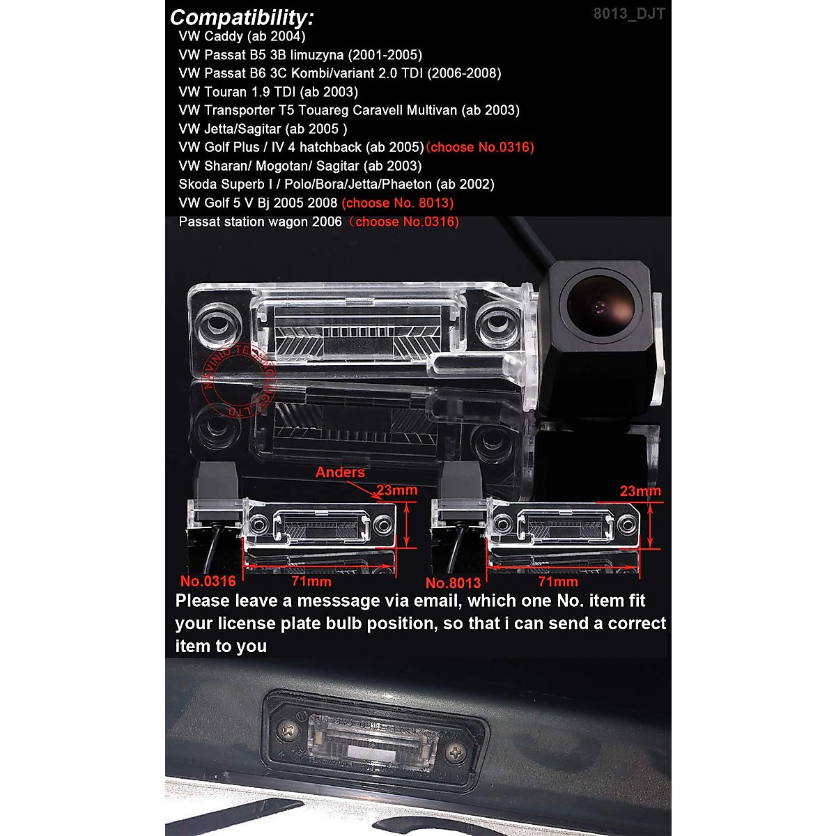HDMEU Vehicle Car Rear View Backup Camera, Reversing Camera for Caddy;Passat B5 3B Limuzyna;Passat B6 3C Estate; Variant 2.0 TDI;Transporter T5 Touareg Caravell Multivan; Jetta;Sagitar;Golf Plus.