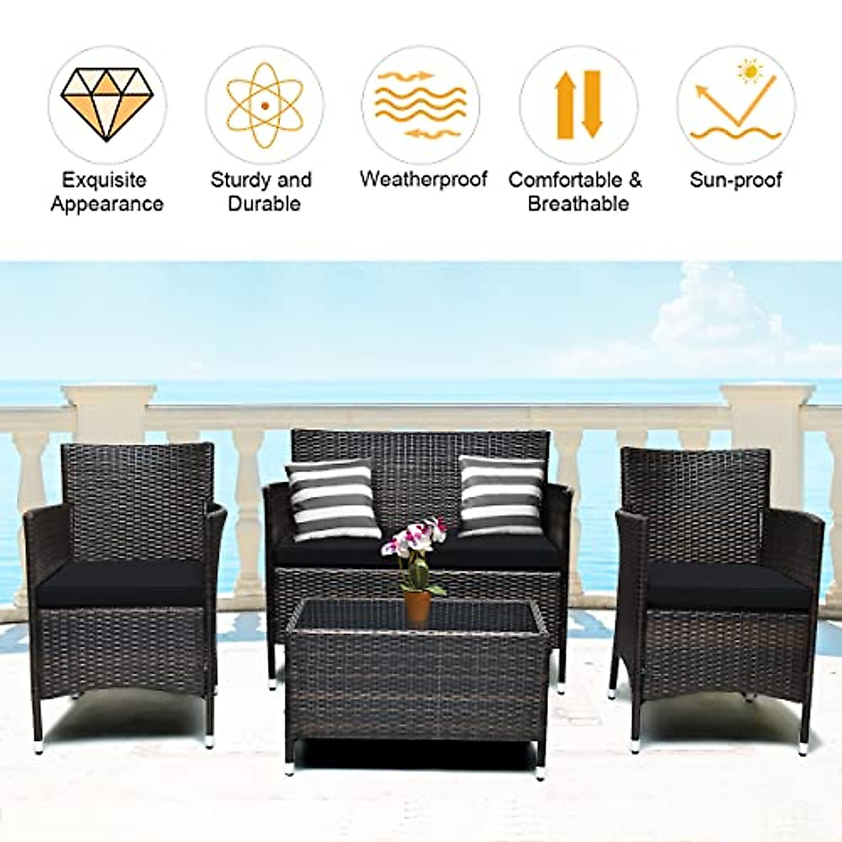 Tangkula 8 PCS Patio Rattan Conversation Set, Outdoor Wicker Furniture Set with Tempered Glass Coffee Table &Thick Cushion, Rattan Chair Wicker Set for Garden, Lawn, Poolside and Backyard (2, Black)