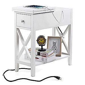 ChooChoo End Table with Flip Top and Charging Station, Narrow Side Table with Storage Cabinet and USB, Skinny Sofa Table with Power Outlet for Living Room Bedroom, White