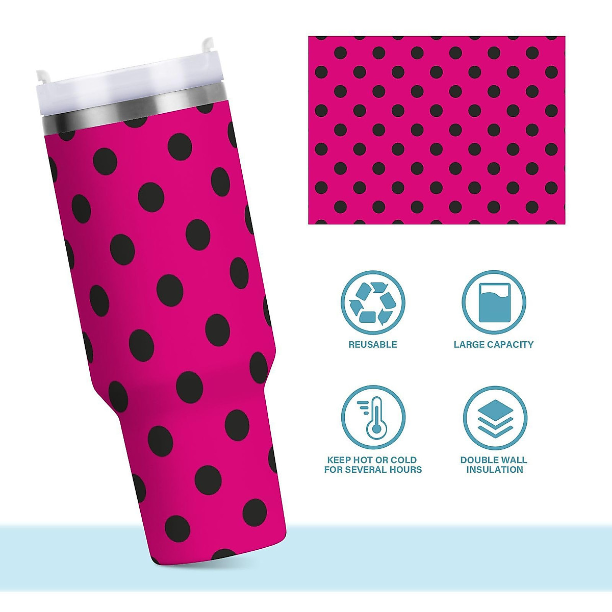 GAIGEO Hot Pink Polka Dots Tumbler Cups, Reusable 30 Oz Tumbler with Lid and Straw, Double Wall Vacuum Insulation, Suitable for Family Office Sport