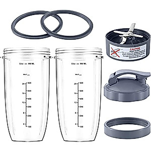 7 Pieces nutribullet Blender Cups & Blade Replacement Set 32oz Huge Cup with 1 Flip-Top To-Go Lid and 1 Lid Ring & Premium Extractor Blade with Compatible with NutriBullet 600w/900w Blender