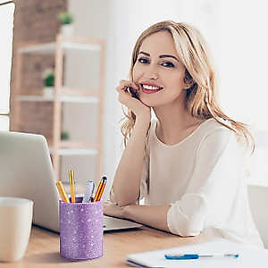 PU Glitter Pen Holder Pencil Cup Shiny for Women Girls, Luxury Makeup Brush Holder Pu Leather Organizer Cup Gift for Desk Office Classroom Home (Purple)