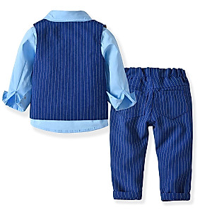 Little Boys Gentleman Formal Suit Set with Vest, Pant, Shirt, and Bow Tie,Baby Boys Long Sleeve Wear Weding 4Pcs Outfit (Blue, 130/6-7T)