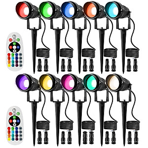 Junview Low Voltage Landscape Lights RGB Color Changing 10W Warm White LED Landscape Lighting Outdoor Waterproof Garden Pathway Christmas Decorative Spotlights (10Pack with Connectors)