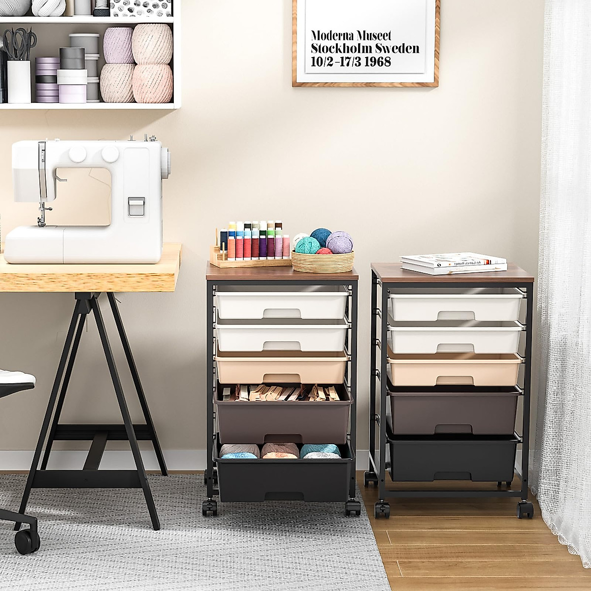 TOOLF Utility Cart with 5 Drawers,Storage Drawer Cart with Wooden Tabletop and Lockable Wheels,Craft Storage Trolley Cart,5-Tier Rolling Utility Cart on Wheels (Brown)