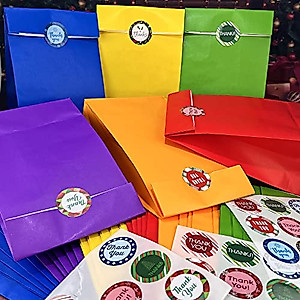 MOZRRO Mix Color 12 Pack Gift Bags with Thankyou Sealing Stickers, Great for Christmas, Gifts, Lunch, Party, Sweets, Goodies, Retail & Tchotchkes 10.2" x 5.5" x 3.5"