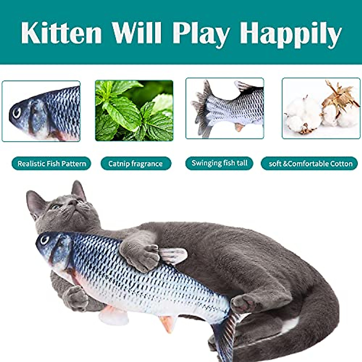ZIKATON Flopping Fish Cat Toy 11",Electric Moving Cat Toy, Cat Toys for Indoor Cats, Floppy Cat Kicker Fish Toy, Vibrating Catnip Toy,Different Fish for Choice & Fun Toy for Cat Exercise