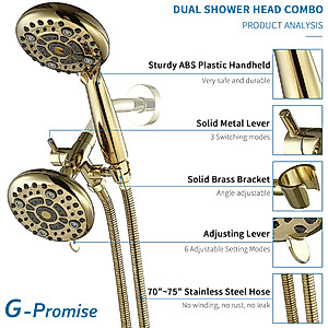 G-Promise High Pressure Dual Shower Head Combo | 72 Inches Flexible Stainless Steel Hose, 3-Way Solid Brass Diverter Bracket (Polished Brass)