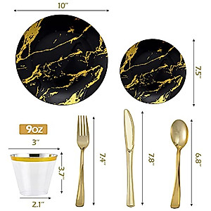 JOLLY PARTY 180PCS Disposable Dinnerware Set 30 Guest, 60 Black and Gold Plastic Plates, 30 Plastic Silverware, 30 Plastic Cups, Marble Design Disposable Plastic Dinnerware for Wedding and Parties