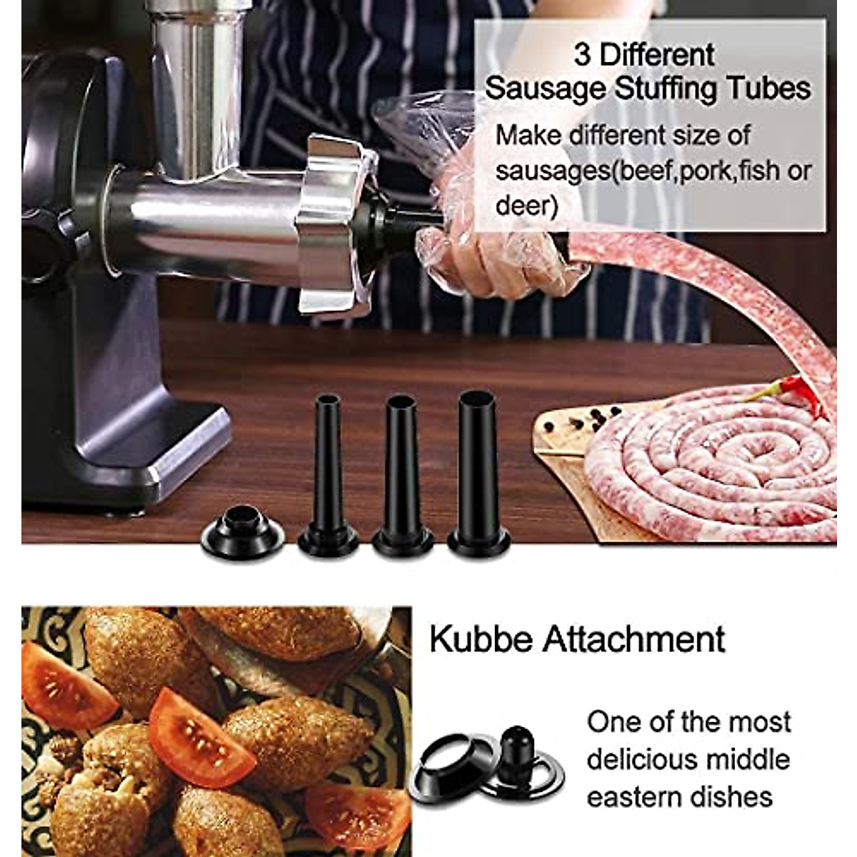 AAOBOSI Electric Meat Grinder 【3000W Max 】Heavy Duty Stainless Steel Meat Mincer with 3 Grinding Plates, 3 Sausage Stuffer Tubes & Kubbe Attachments,Easy One-Button Control