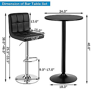 COSTWAY 3-Piece Bar Table Set, Round Cocktail Table and PU Leather Adjustable Swivel Chairs, Modern Counter Height Table Set with 2 Bar Stool for Kitchen, Office (Black)