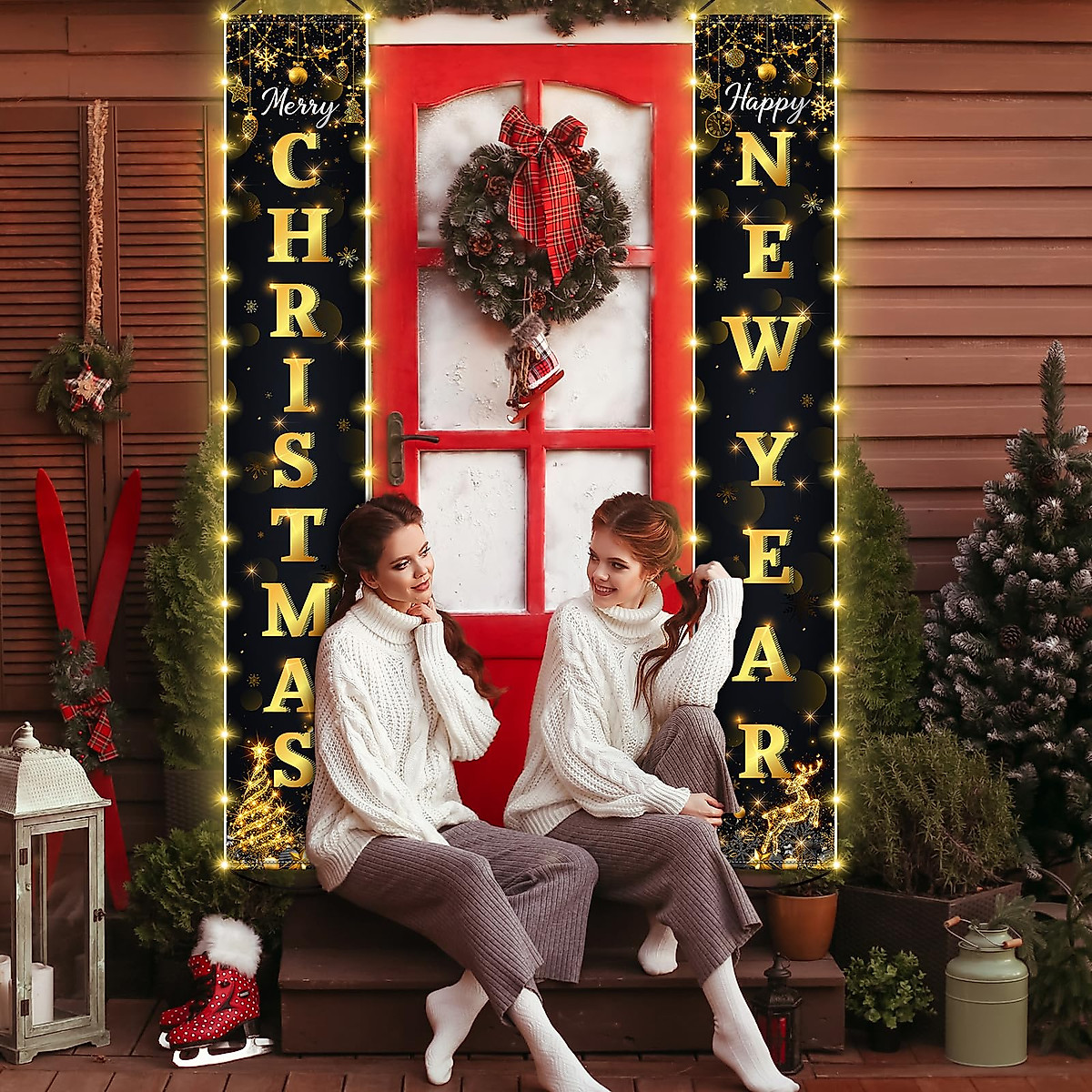 Irenare Lighted Christmas Banner Decorations with LED Light Merry Christmas Front Porch Sign Snowman Gnome Hanging Door Banner for Winter Xmas Holiday Party Outdoor Decor(Cool)