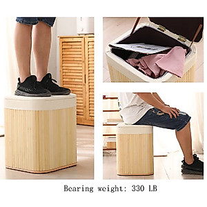 QQXX Bamboo Laundry Basket,Dirty Laundry Hamper Dirty Clothes Basket Bin with Lid and Removable Liner,Two Sections with Large Storage,Ideal for Bedroom Bathroom(Large,Two-Color)