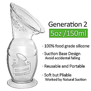 Haakaa Gen 2 Silicone Breast Pump with Suction Base and Leak-Proof Silicone Cap, 5 oz/150 ml, BPA PVC and Phthalate Free 1 Count (Pack of 1)