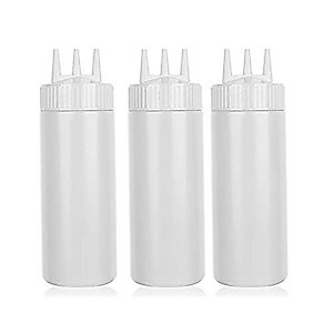 beyonday 3pcs Seasoning Squeeze Bottles, 3 Hole Ketchup Mustard Dressing Squeeze Squirt Bottles, Salad Sauce Condiment Cream Squeeze Bottles for Kitchen Restaurant Bakery(24oz, White)