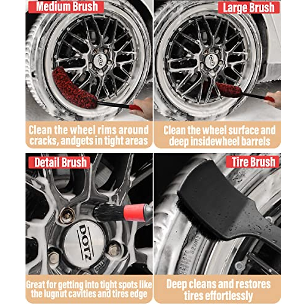 ESEWALAS 4 Pack Car Detailing Brushes,Car Wheel Brush Set, Car Cleaning Brush Kit Include 2X Soft Wheel Cleaning Brush,Detailing Brush and Stiff Tire Brush,Wheel Cleaner Brush