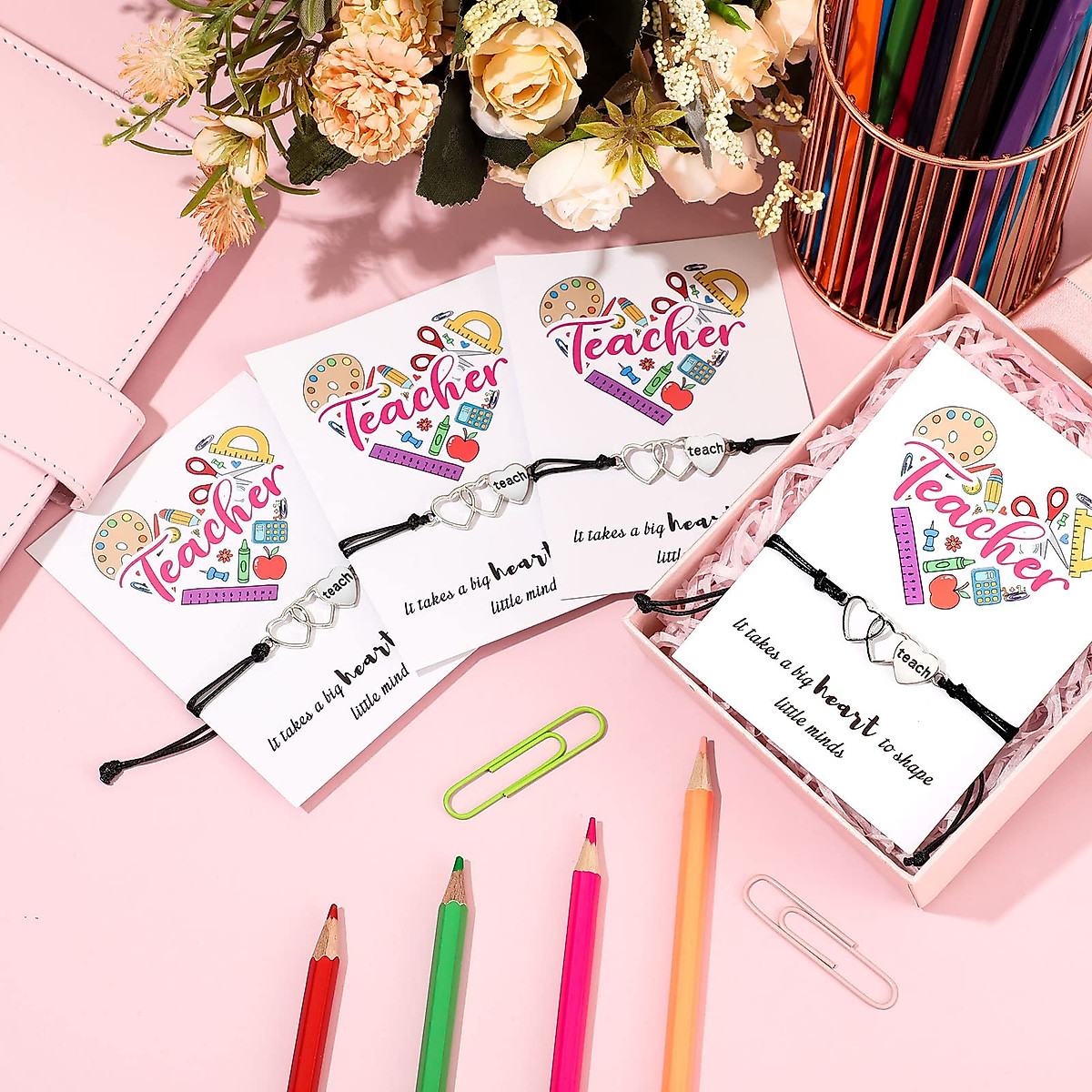 16 Pieces Teacher Bracelets Bulk Teacher Blessing Card Bracelet Teacher Appreciation Gift Blessing Bangle Greeting Adjustable Bracelet for Graduation Gift (Exquisite Style)