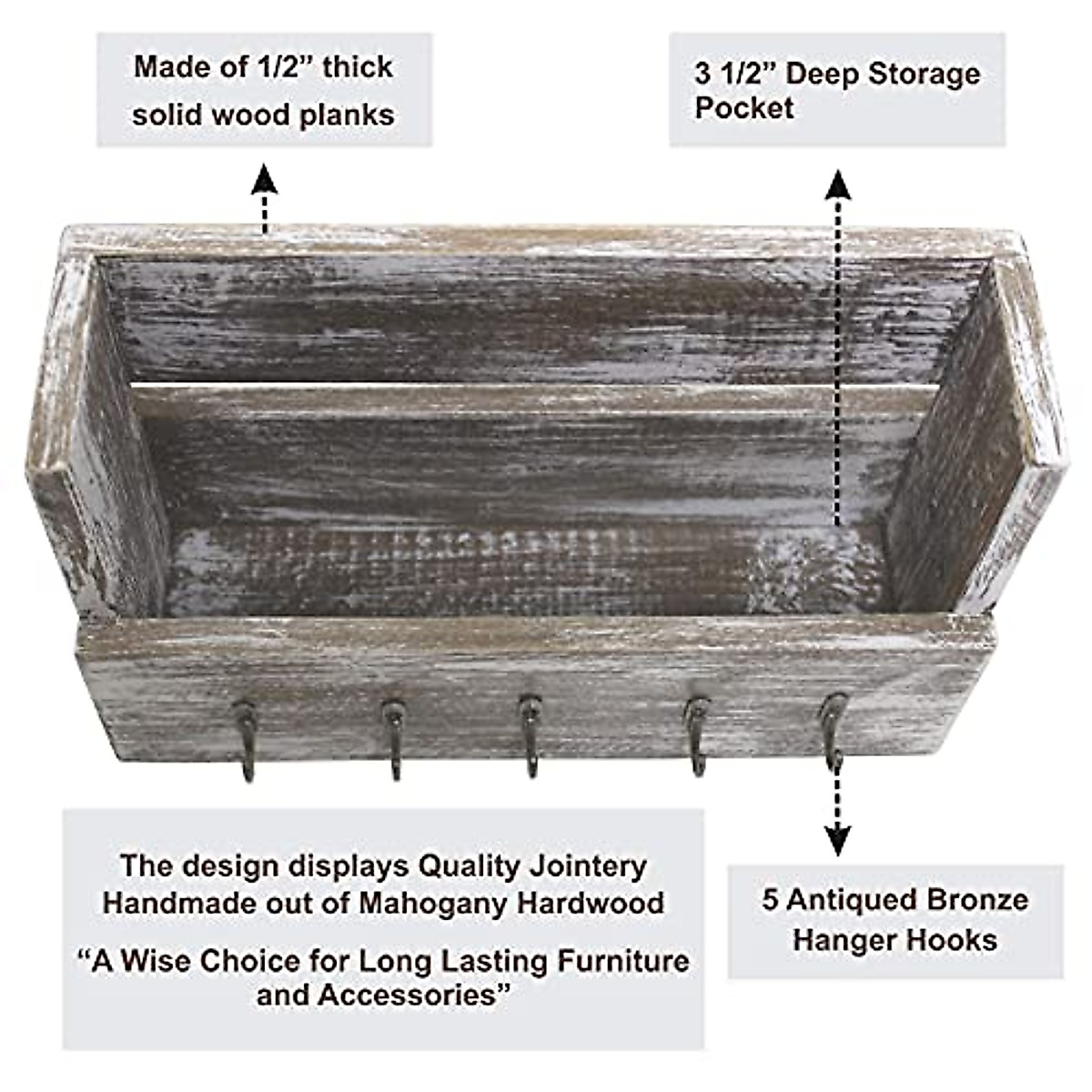 WRIGHTMART Wall Mounted Rustic Wooden Organizer Key & Mail Holder, Includes Command Hooks for Hanging Keys, Space for Phone, Wallet, Purse, Jewelry - Home Décor, Handmade, Whitewash Finish