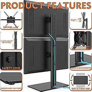 Dual Monitor Stand - Vertical Stack Screen Free-Standing Monitor Riser Fits Two 13 to 34 Inch Screen with Swivel, Tilt, Height Adjustable, Holds One (1) Screen up to 44Lbs HT05B-002