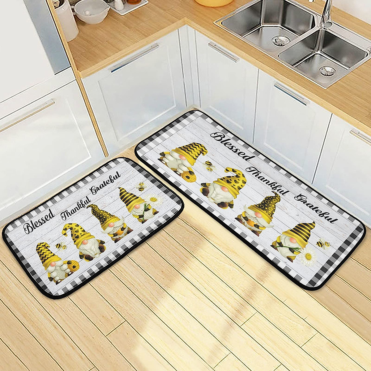 ZOEO Kitchen Mats Gnomes Set of 2 Bee Sunflower Farmhouse Floor Rug Memory Foam Shower Runner Absorbent Non Slip Light for Home Hotel Door Laundry Thick Soft Washable