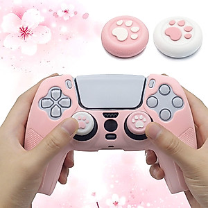 BRHE Skin for PS5 Controller Grip Cover Anti-Slip Silicone Protector Rubber Case Cute Kawaii Accessories Set Gamepad Joystick Shell with 2 Thumb Grip Caps (Full Covered, Pink)