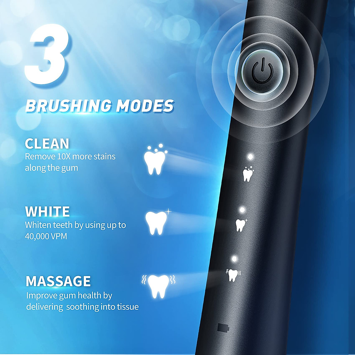 WHITEMPTER Sonic Electric Toothbrush for Adults, Rechargeable Sonic Toothbrush with 10 Brush Heads, Fast 2 Hr Charge Last 35 Days,Rechargeable Sonic Toothbrush with 40000VPM and 3 Modes (Black)