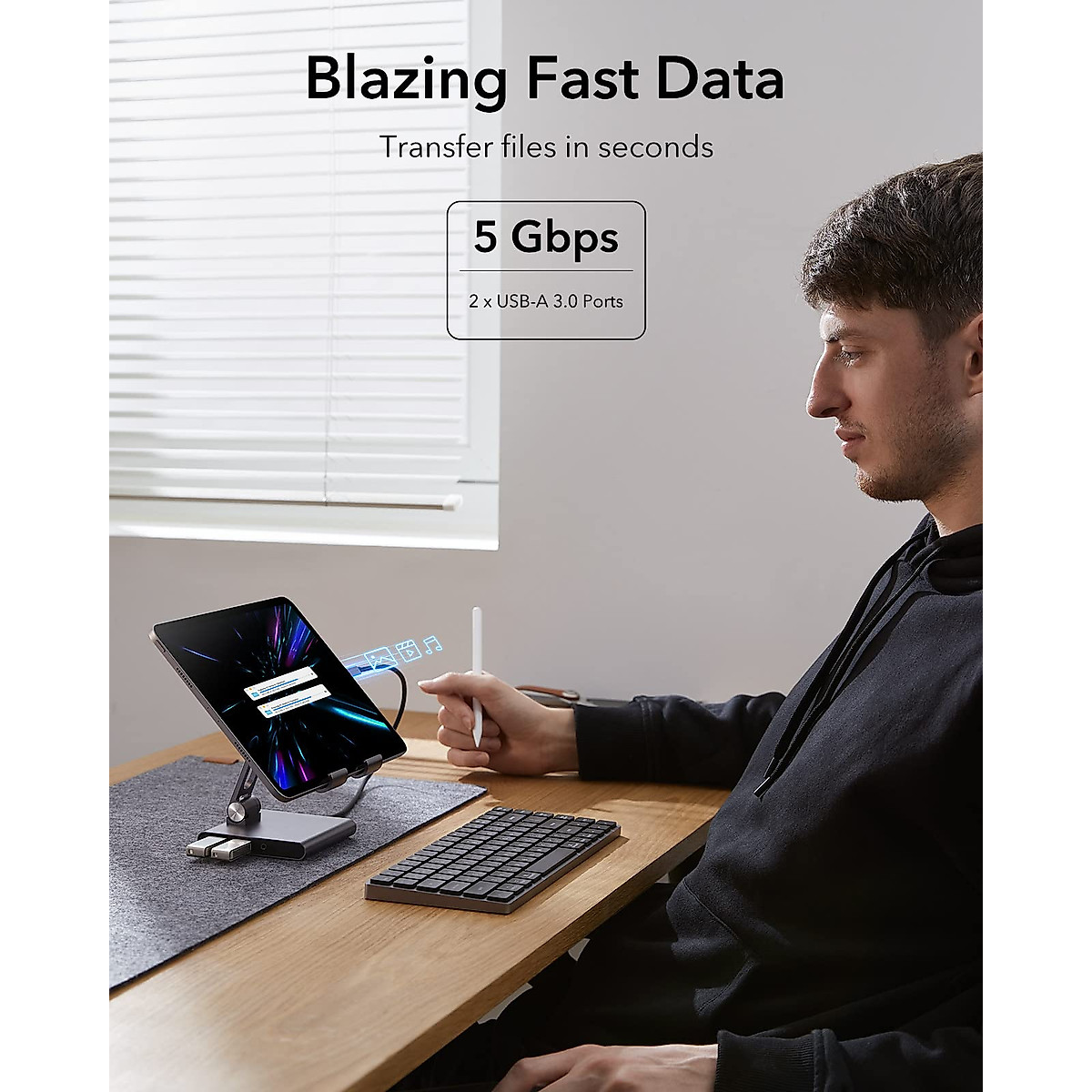 ESR 8-in-1 Portable Stand Hub, USB C Hub with Adjustable Stand, 100W PD Charging, 2 USB 3.0 Ports, 4K HDMI, 3.5-mm Jack, SD/microSD Card Slots, Compatible with iPad 10, iPad Pro, and Other USB-C iPads