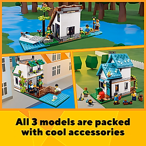 LEGO Creator 3 in 1 Cozy House Building Kit, Rebuild into 3 Different Houses with Family Minifigures & Accessories, DIY Building Toy Idea for Outdoor Play, Summer Toy for Boys & Girls Ages 8-11, 31139
