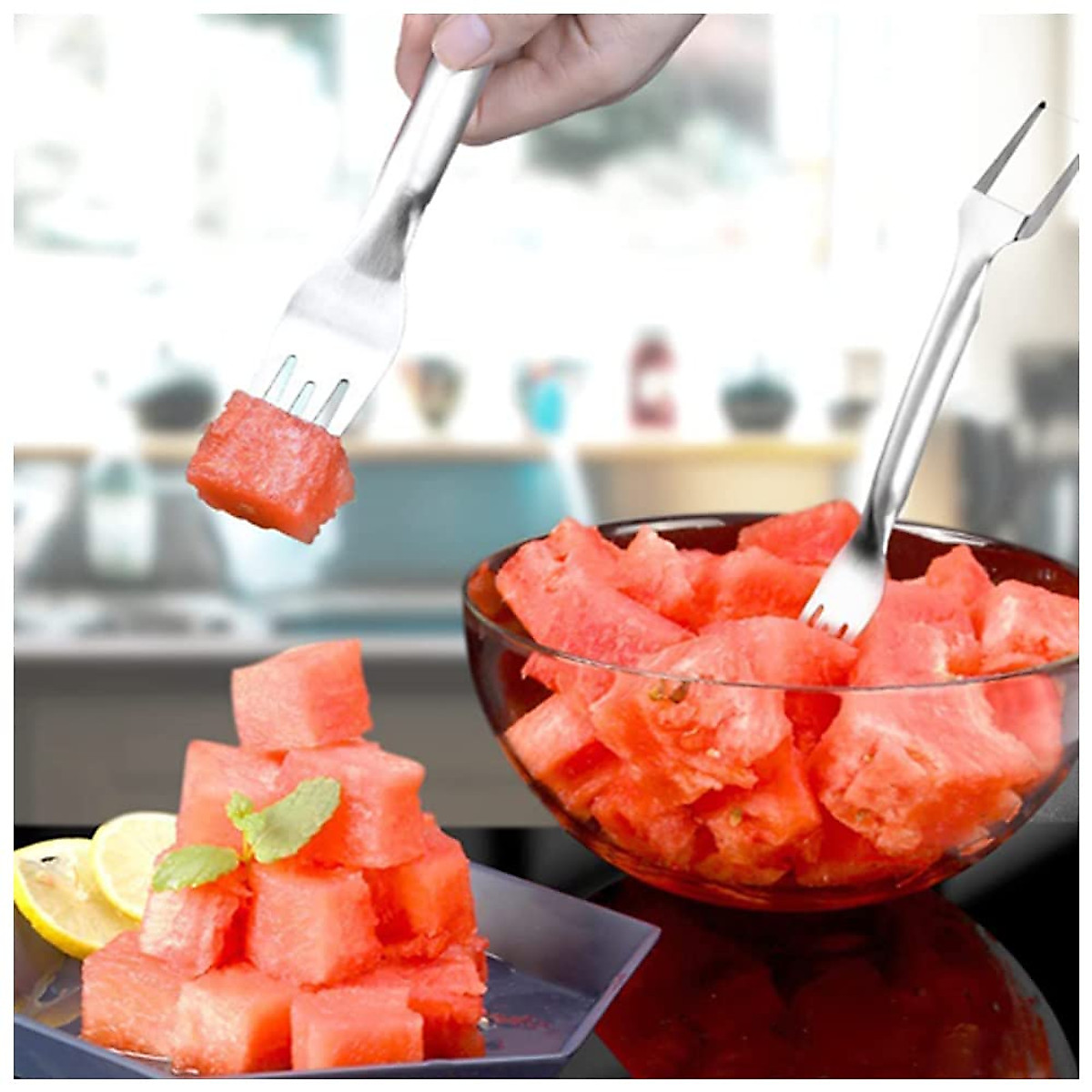 4 Pcs Watermelon Fork Slicer Cutter, Upgraded 2-in-1 Watermelon Fork Slicer, Stainless Steel Watermelon Cutter Slicer Tool, Fruit Forks Slicer Knife Kitchen Gadgets for Home Parties Camping