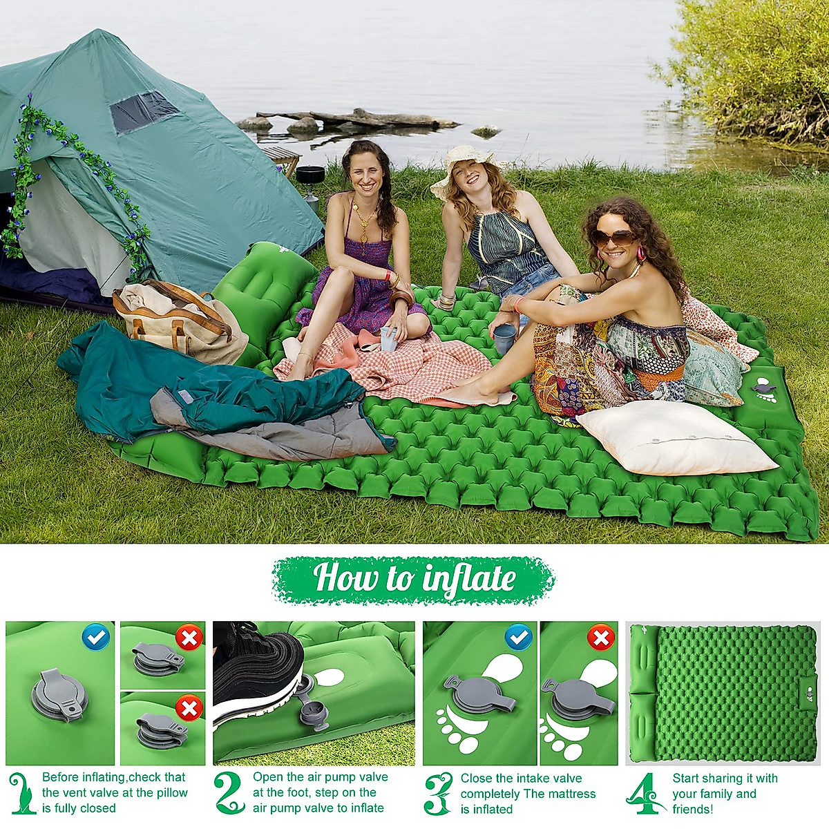 WANNTS Double Sleeping Pad, Ultralight Inflatable Sleeping Pad for Camping, Built-in Pillow, Ultimate for Camping, Hiking - Airpad, Carry Bag, Repair Kit - Compact & Lightweight Camping Pad(Green)