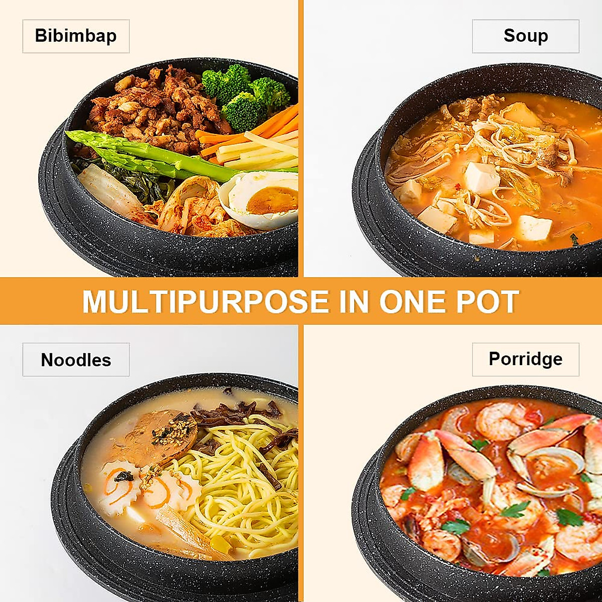 Bobikuke Cast Aluminum Pot with Lid, 7.9 in Non-Stick Casserole Dish Korean Stone Bowl Induction Compatible, Black