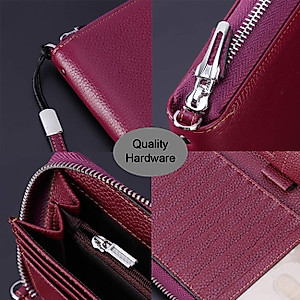Lavemi Women's RFID Blocking 100% Leather Large Capacity Zip Around Wallet Phone Holder Clutch Travel Purse Wristlet(Large Size Pebbled Dark Magenta)