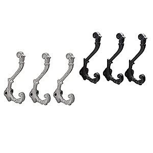 Wall Hooks, Cast Iron, Rustic Chic Shabby Vintage Style, Farmhouse Decor, Clothes Hanging Idea for Hats, Coats, Scarves, Bags Closets, Rustic Key Hooks, (Set of 3) (Distress White) & Black