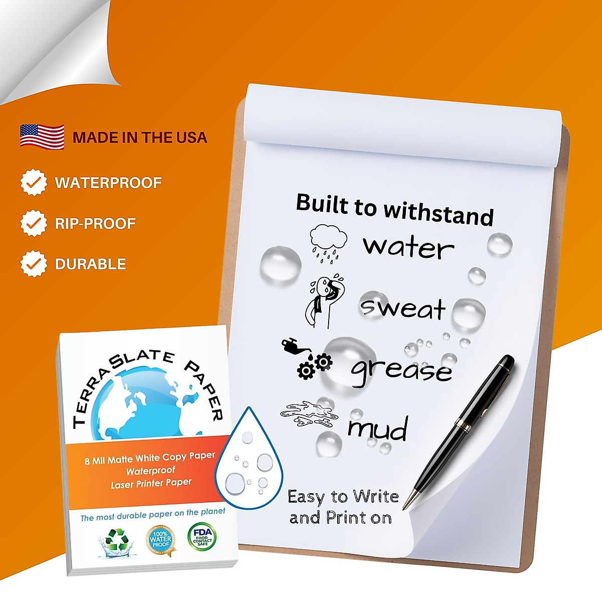 TerraSlate Waterproof Laser Printer Paper – 8 MIL 8.5"x14", 100 Sheets, White – Tear & Smudge Proof, Heavy-Duty for Outdoor Use, Ideal for Printing, Copying & More