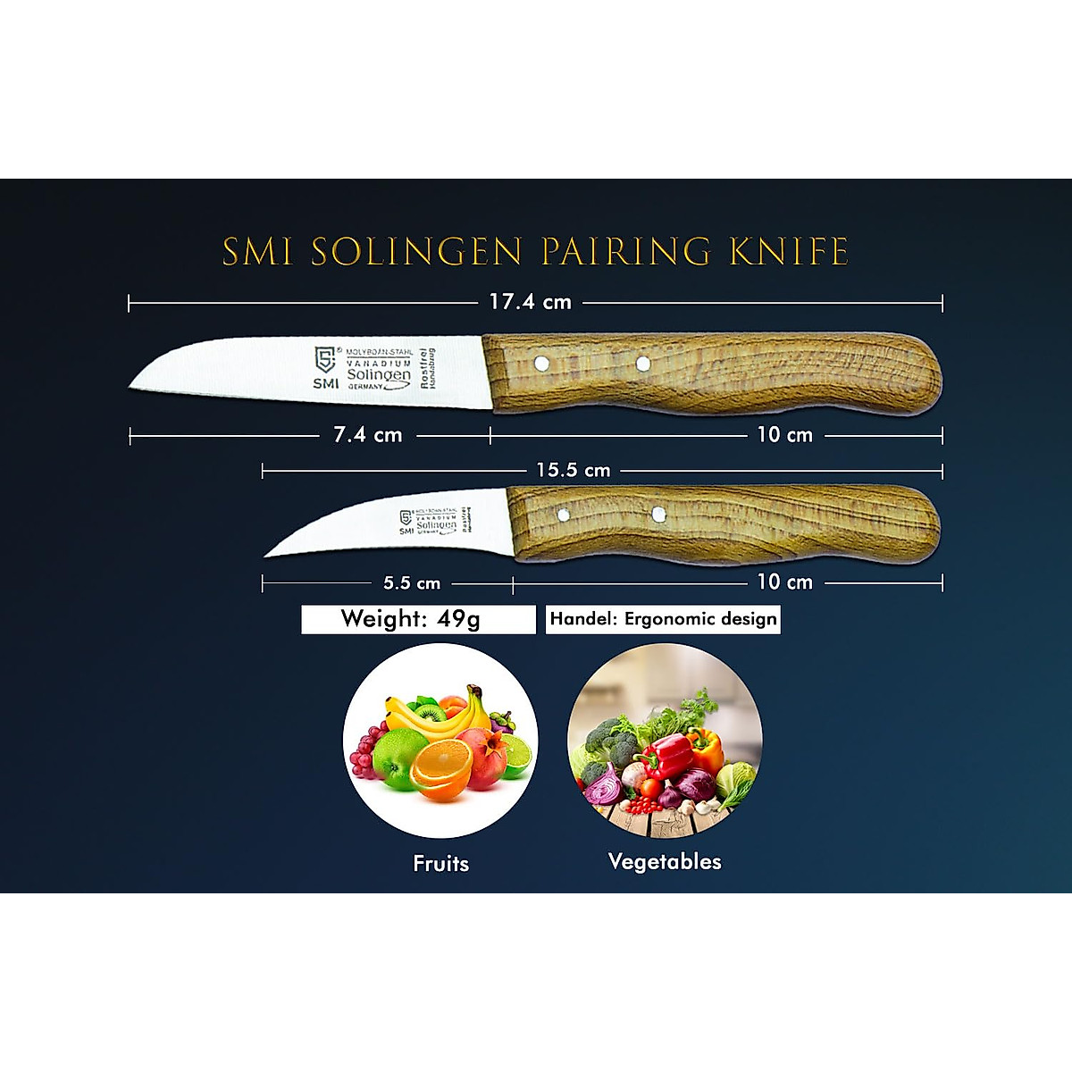 SMI Solingen Bird Beak Knife Germany Paring Knife Set Wooden Handle Peeling Knife for Fruits and Vegetables Knife Straight & Curved Stainless Steel Sharp Blade, Not Dishwasher Safe