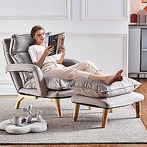 CLIPOP Modern Living Room Accent Chair with Ottoman, Comfy Linen Armchair with Adjustable Backrest(5 Angles), Solid Wood Legs, Leisure Upholstered Single Sofa Chair with Footrest,Grey