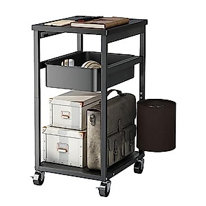LOSTIS Storage Trolley Rolling Cart Utility Cart Metal Kitchen Storage Cart with Lockable Wheels and Trash Basket Rolling Cart Snack Storage Trolley Bedroom Kitchen Storage Cart Rolling Storage Cart