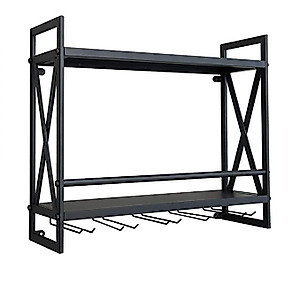 Industrial 2-Tier Wall-Mounted Wine Rack, Wood Shelf, 5 Stem Glass Holders for Wine Glasses, Wall Mount Bottle Holder Glass Rack, Wood Shelves, Metal Frame