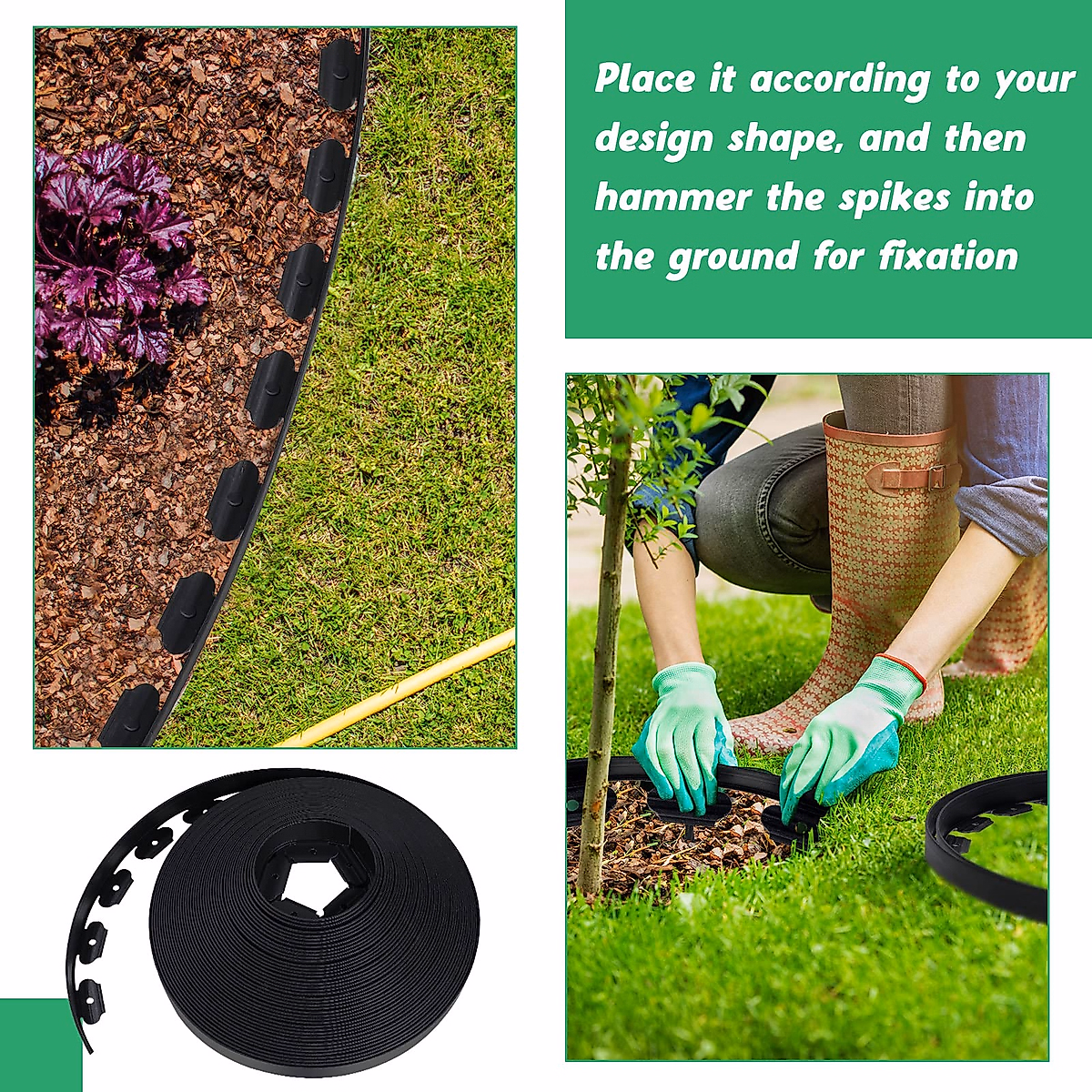 Queekay Landscape Edging Kit 148 ft with 70 Spikes 20 Connectors No Dig Plastic Border for Garden, Lawn, Yard, Pathway(Black,2 Inch)