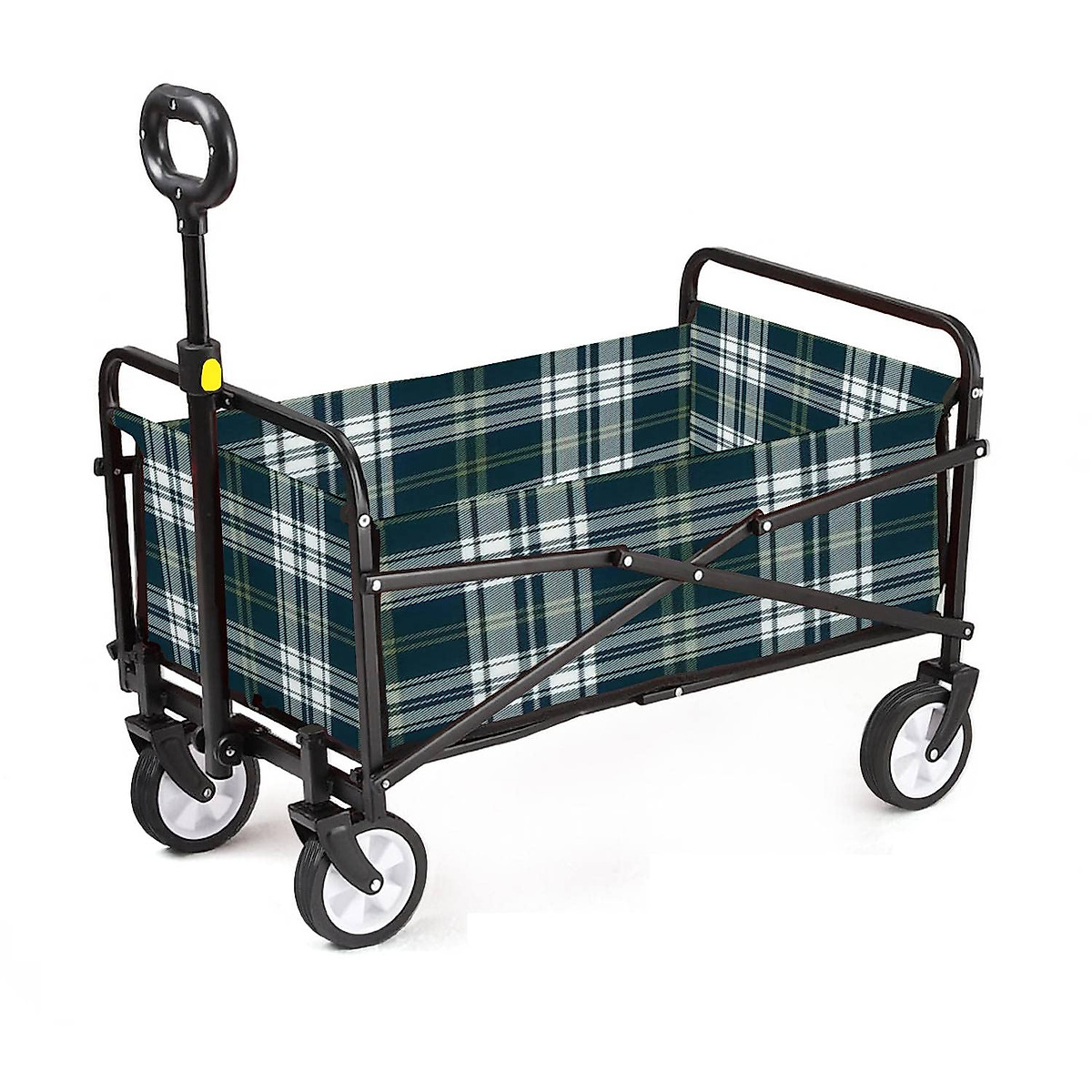 Collapsible Wagon Cart Plaid Menswear in Navy Blue Olive Khaki Green White Striped Textured Foldable Utility Wagon Large Capacity Garden Cart with Push Bar for Beach Camp Outdoor Shopping