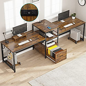 SEDETA 98" Home Office Desk, 2 Person Computer Desk with Letter/A4 File Drawer & Power Strip with USB, Long Desk with Storage, Printer Shelf & Monitor Stand for Home Office, Rustic Brown