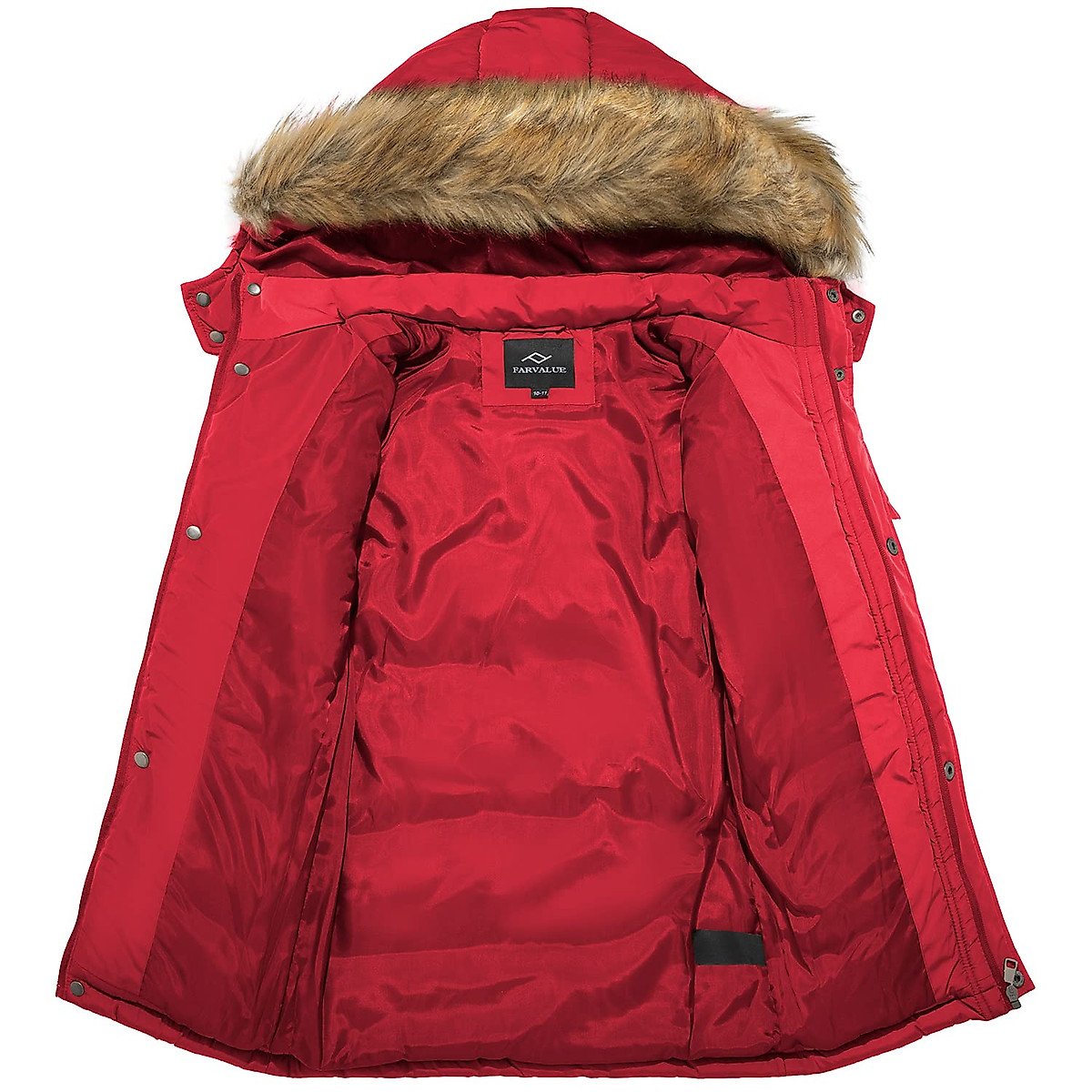 FARVALUE Boy Winter Coat Warm Quilted Puffer Water Resistant Parka Jacket with Detachable Fur Hood for Big Boys Red 6-7