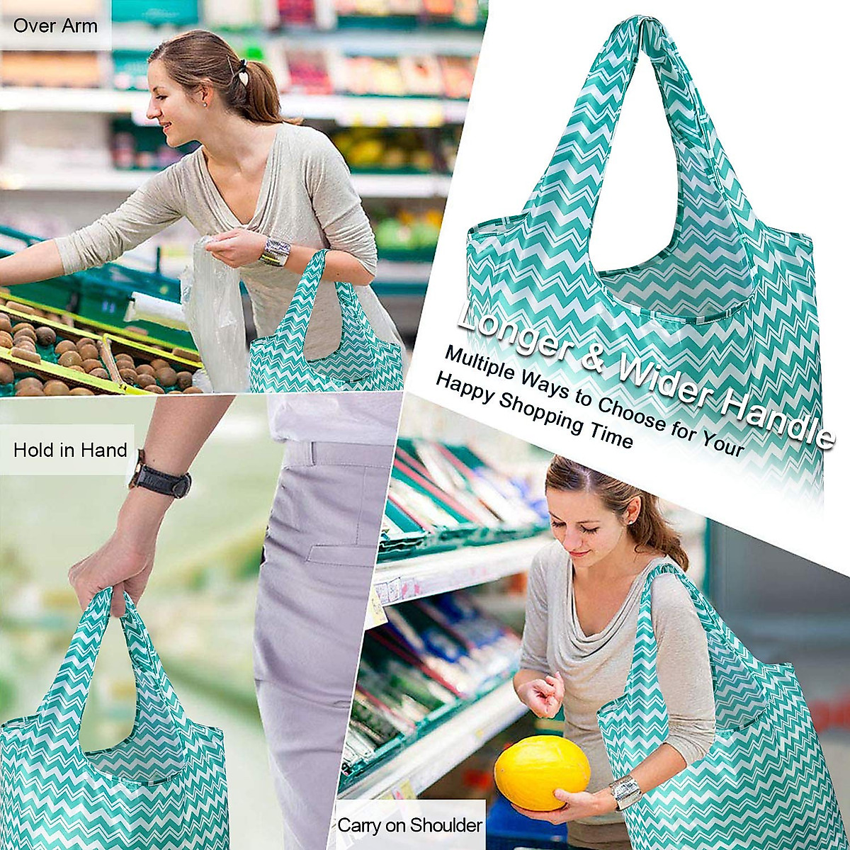 BeeGreen Reusable Grocery Bags Lightweight Durable Shopping Bags Washable Foldable 12 Pack Xlarge Classic Geometric Design Gift Tote Grocery Bags with Elastic Band and Separated Zipper Storage Pouch