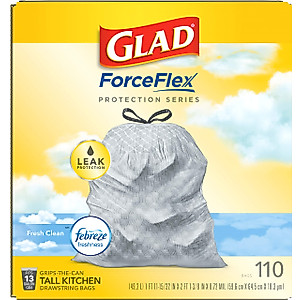 GLAD ForceFlex Tall Kitchen Drawstring Trash Bags, 13 Gallon Grey Trash Bag for Kitchen, Fresh Clean with Febreze Freshness and Leak Protection, 110 Count