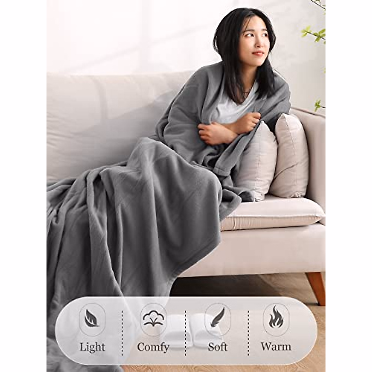 CURECURE Electric Heated Blanket 62'' x 84'' Electric Blanket for Whole Body Warming, ETL and FCC Certification Fast Heating with 4 Heating Levels & 10 Hours Auto-Off, Machine Washable, Grey