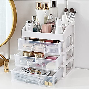 Makeup Organizer for Vanity, Skincare Organizers with 3 Drawers, Cosmetics Organizer for Skin Care, Eyeshadow, Brushes, Lipstick, Powders, Nail Polish.Great for Dresser, Bedroom, Bathroom (White)