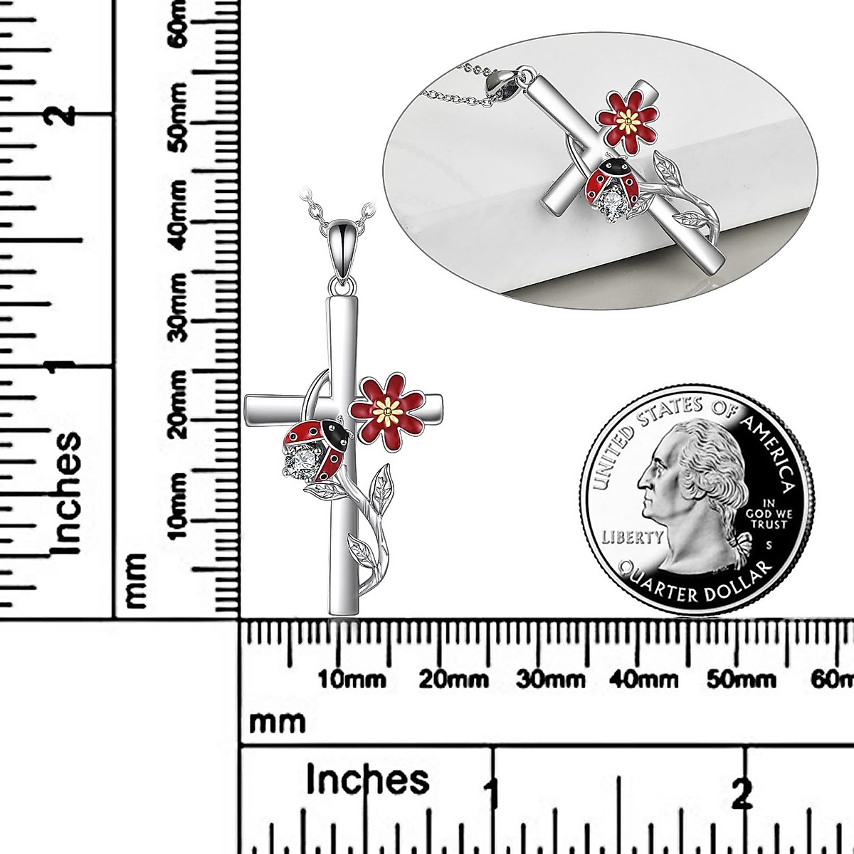 CRMAD Ladybug Cross Necklace Gifts for Women Sterling Silver Ladybug Daisy Flower Necklace Jewelry