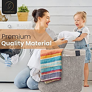 INNOVIEUR - Tall Woven Cotton Rope Laundry Basket Hamper Foldable Collapsible Comforters Storage Bins Baby Blankets Toy Storage Organization - Grey 22"x 22"x18"