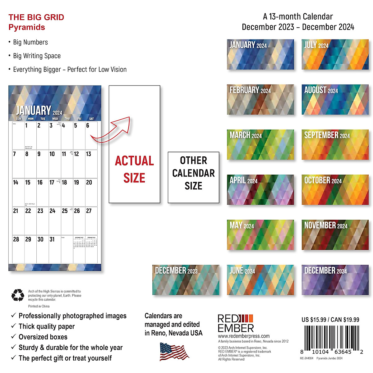 RED EMBER The Big Grid Jumbo Large Print - Pyramids 2024 Hangable Monthly Wall Calendar - 12" x 24" Open | Giftable | Easy to Read Planners for Office Extra Large | Massive Writing Space